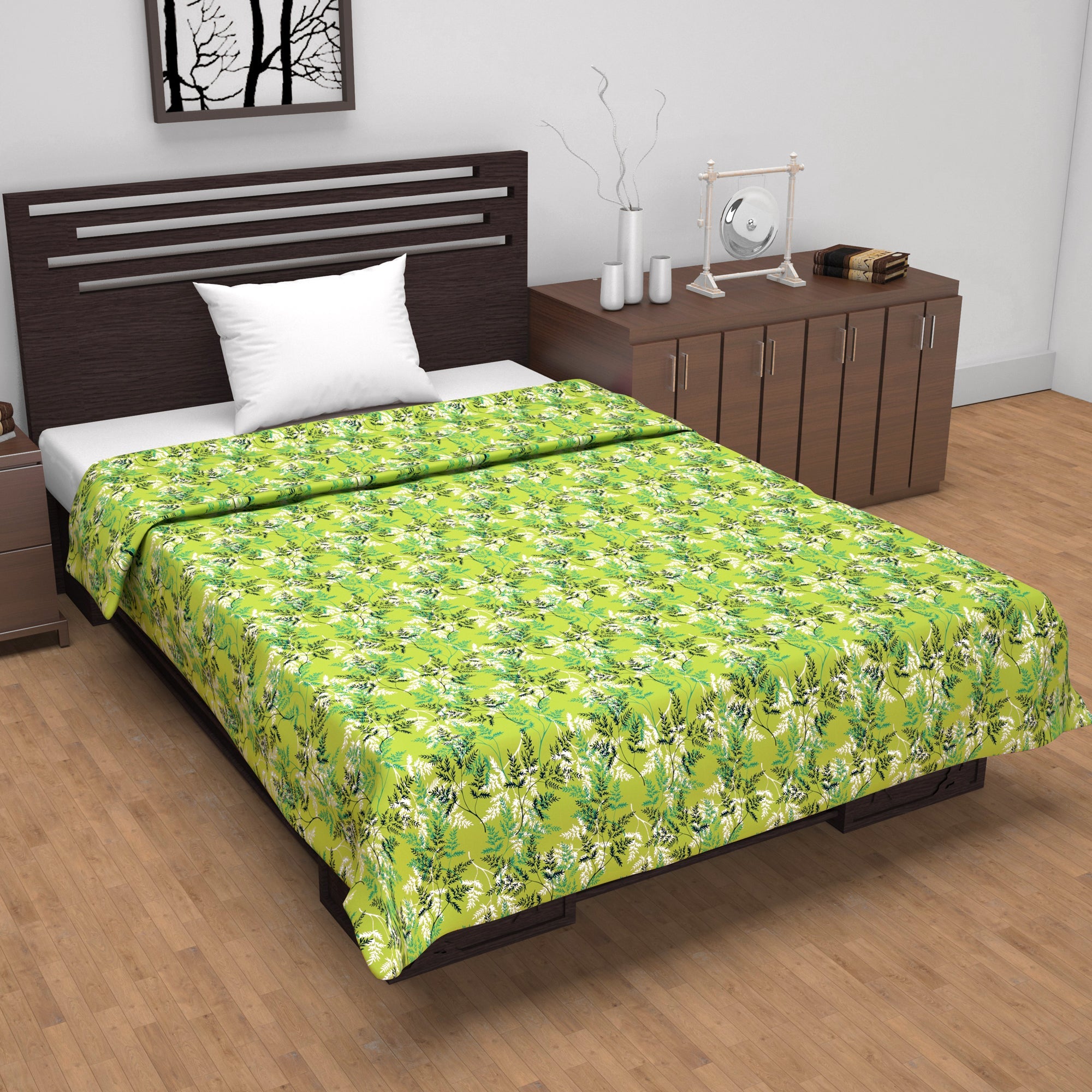 Lady Fern Green Floral Cotton Dohar For Single Bed | Divine Casa